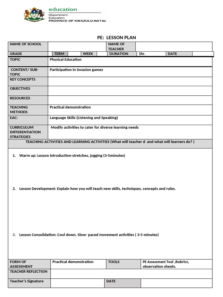 2025 PE - Weekly Lesson Plan With Explanations | PDF