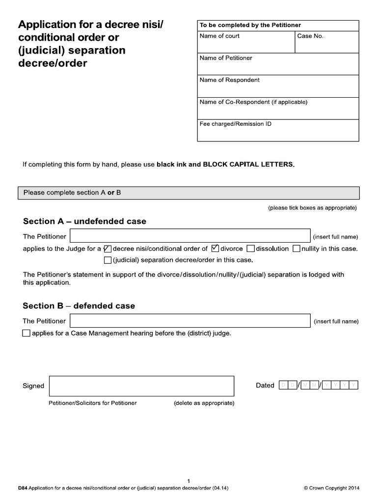 D84 (ODL) Application For Decree Nisi | PDF