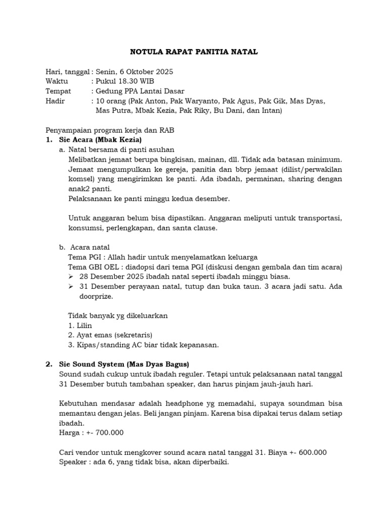 Notula Rapat Panitia Natal 2025 | PDF