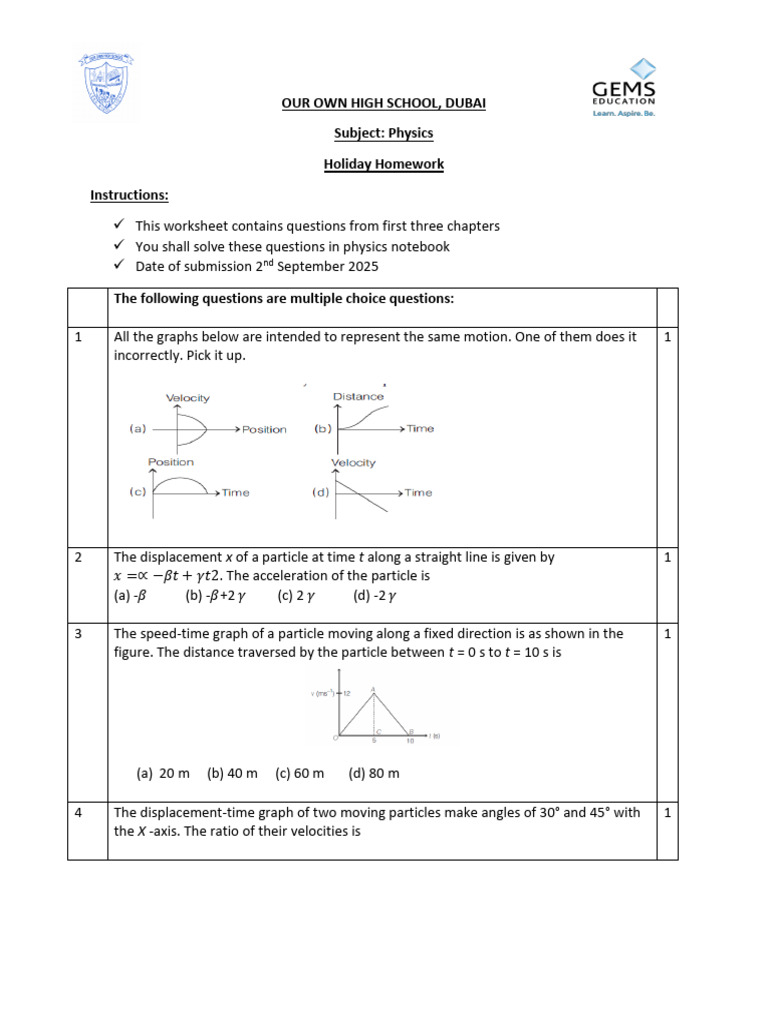 Dubai High School Physics Holiday Homework | PDF | Acceleration ...