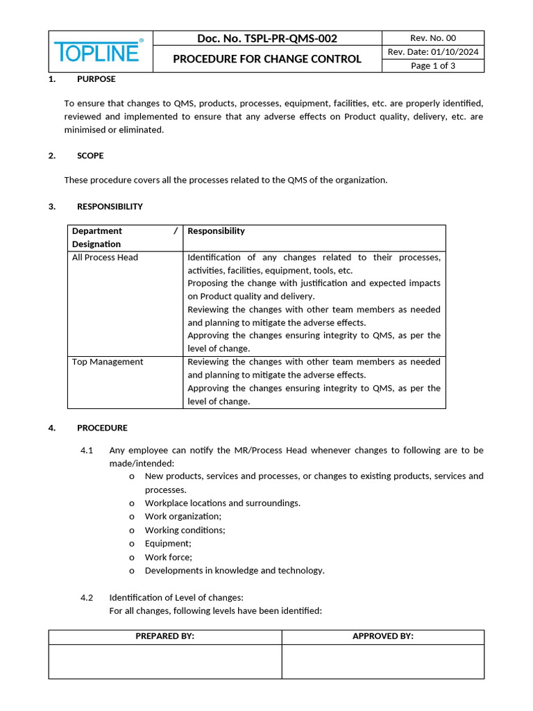 Procedure For Change Control | PDF | Quality Management System | Safety