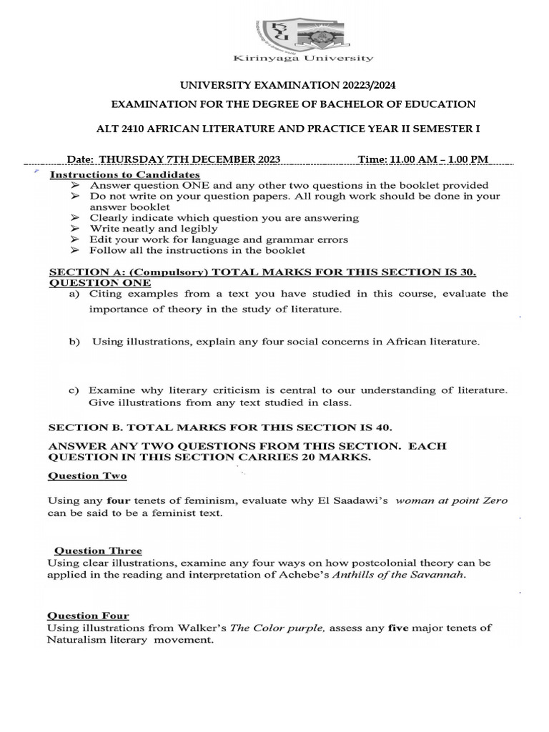 Alt 2410 African Literature and Practice Year II Semester I | PDF