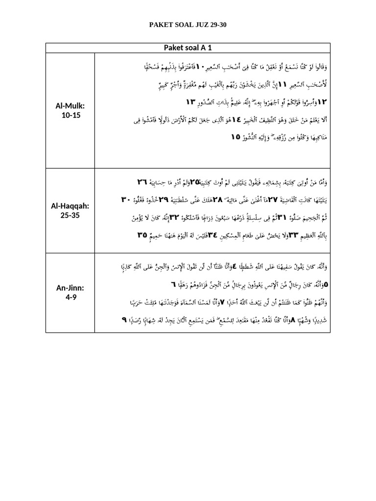 Paket Soal Juz 29-30 | PDF