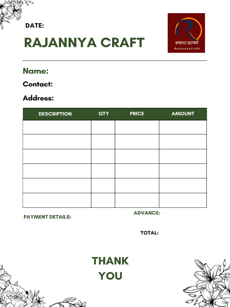 White and Green Illustrative Flower Shop Invoice Receipt | PDF