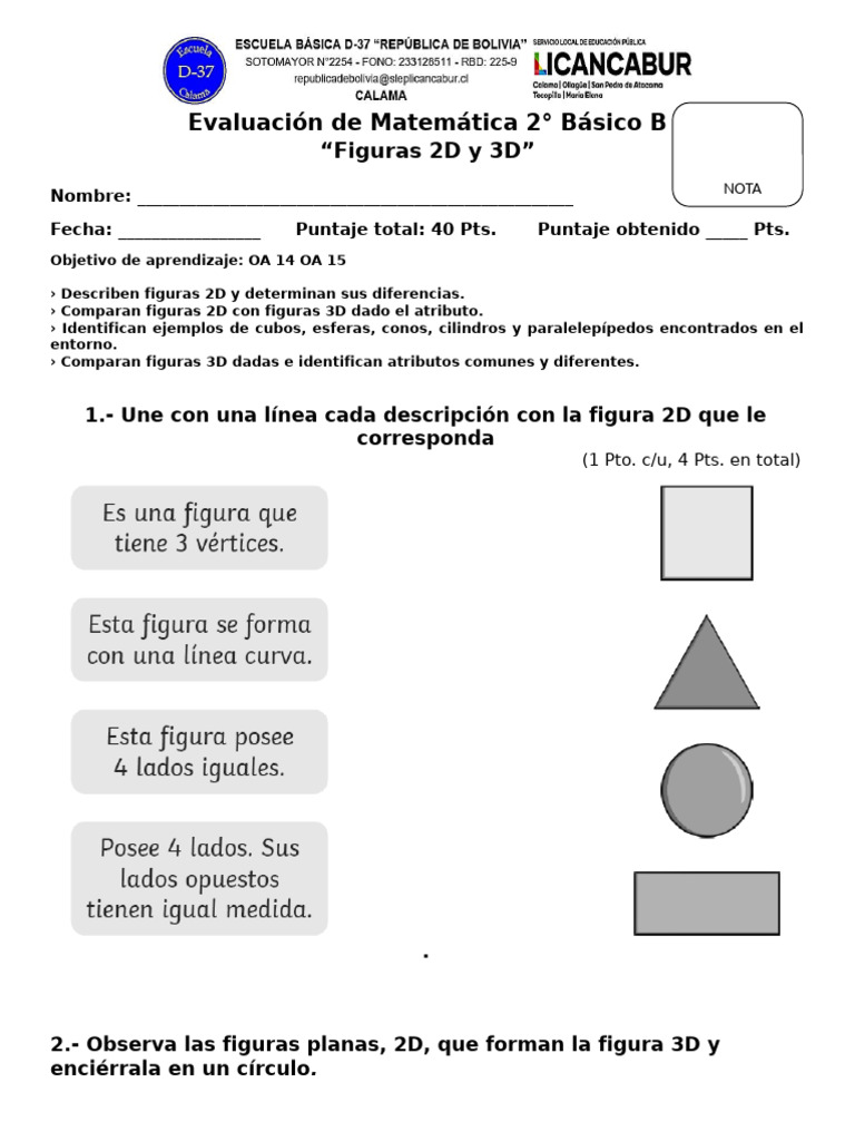 Evaluación Figuras 2D y 3D 2° Básico | PDF | Geometria clasica | Formas ...