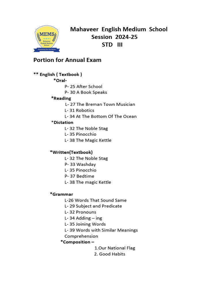Portion For Annual Exam STD III 2024-25-1-1 | PDF