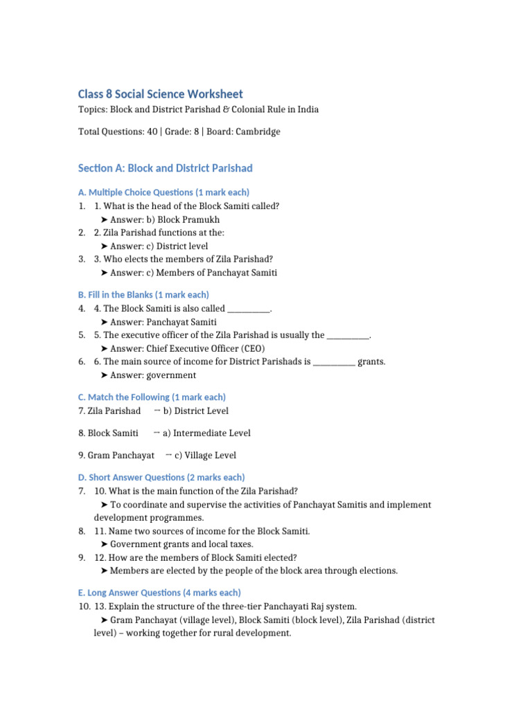 Class 8 Social Science Worksheet: Panchayati Raj & Colonial India | PDF