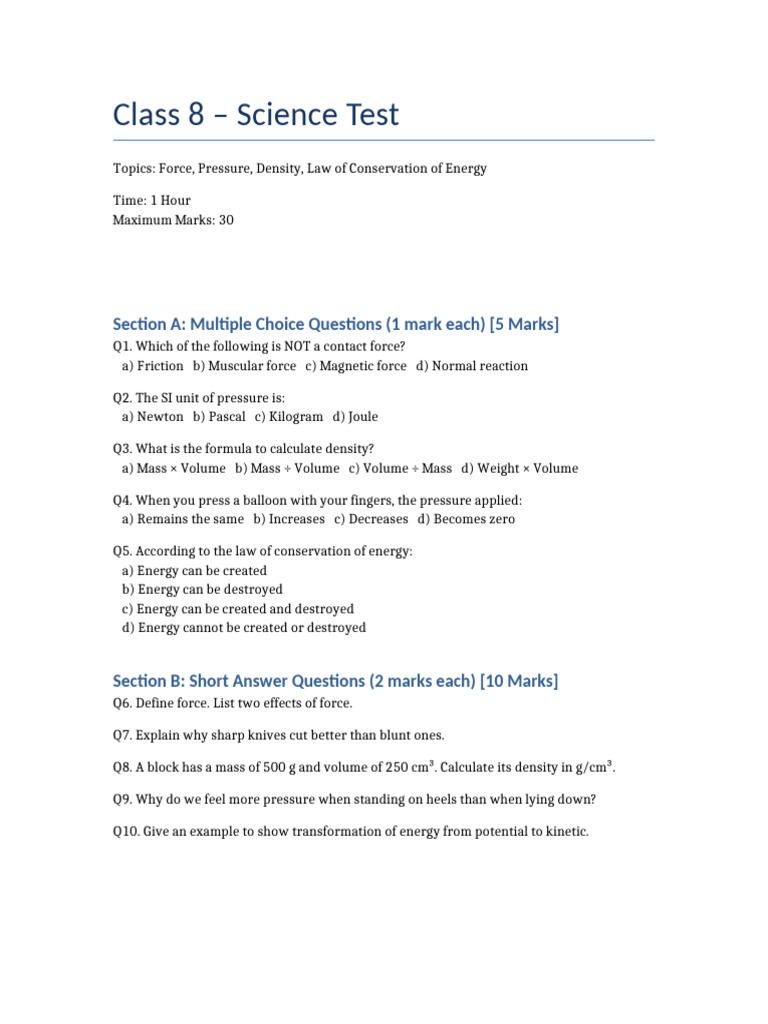 Class 8 Science Test Force Pressure Density Energy | PDF