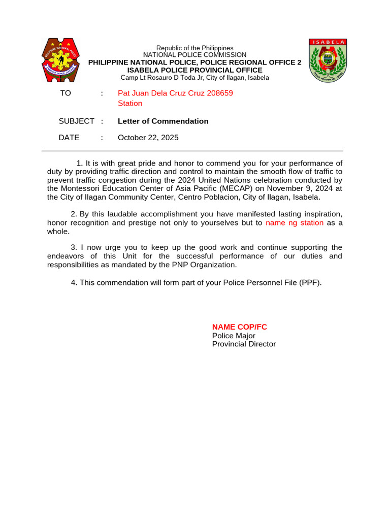 Commendation Letter for Traffic Control | PDF