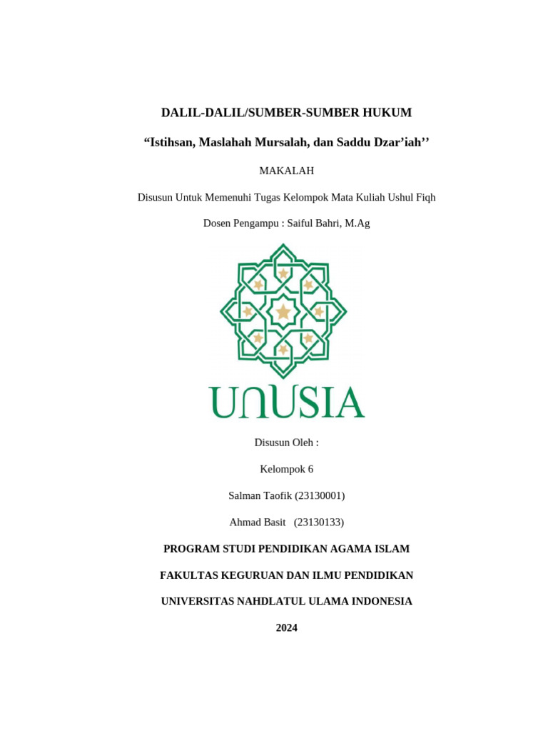 Ushul Fiqh - Istihsan, Saddu Dzari'ah, Maslahah Mursalah - Kelompok ...