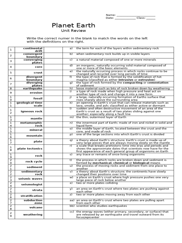 Earth Science Unit Review Worksheet | PDF | Rock (Geology) | Plate ...