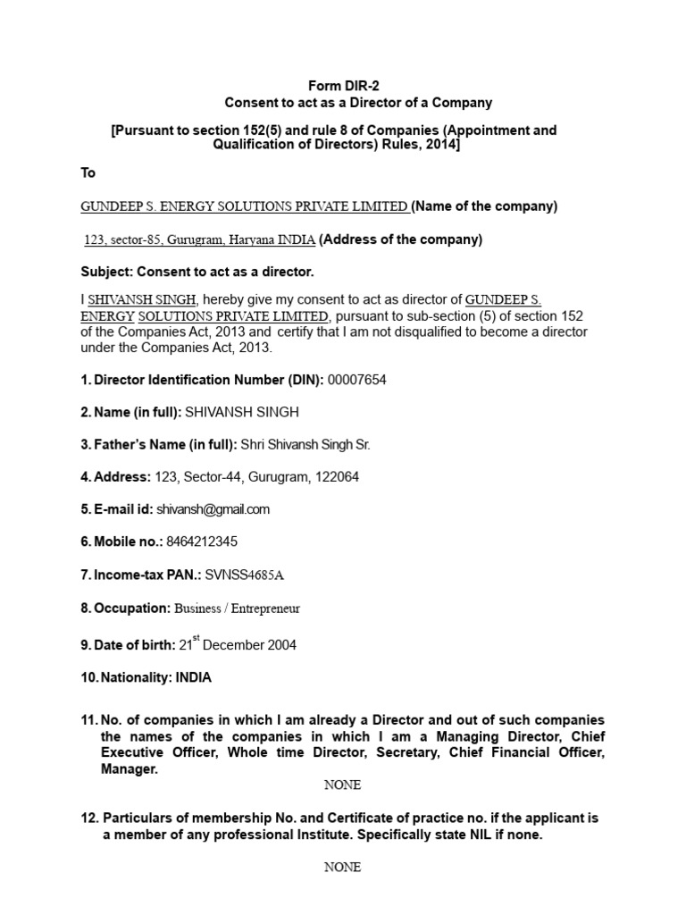 Director Consent Form for Gundeep S. Energy | PDF