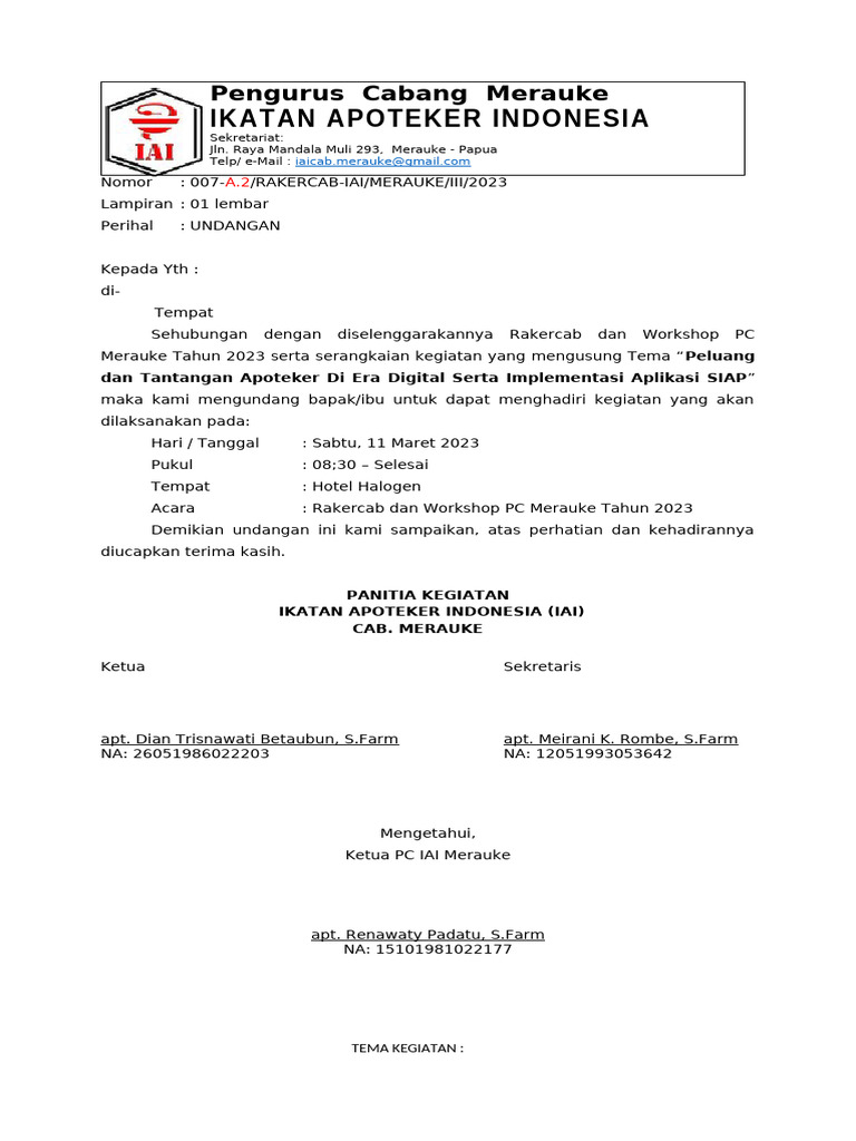 Undangan Rakercab IAI Merauke 2023 | PDF