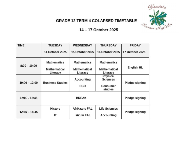 Term 4 Colapsed Time Table Week 1 | PDF