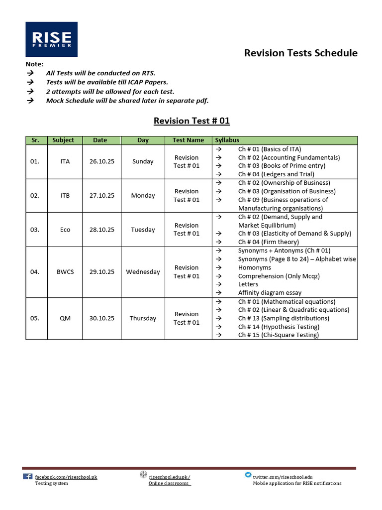Revision Tests Schedule | PDF | Economies | Economics
