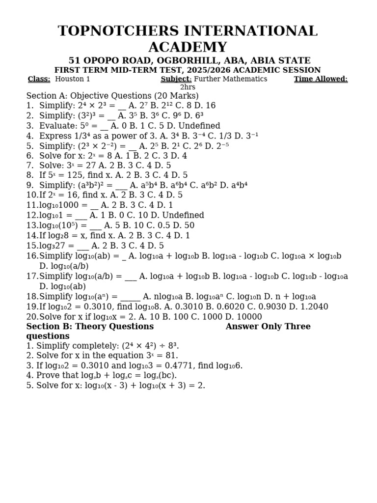 Further Mathematics SS1 Questions | PDF