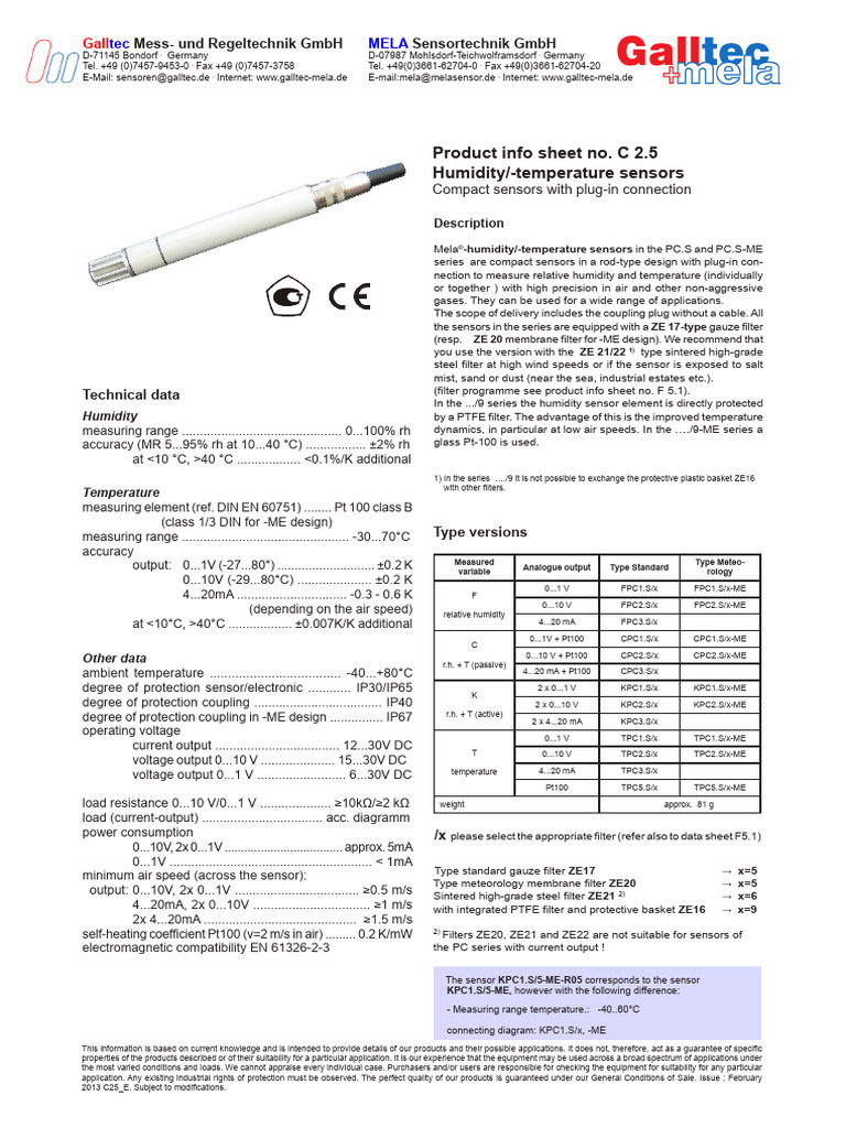 Product Sheet C 2.5 Temperature Humidity Sensors Engl | PDF | Sensor ...