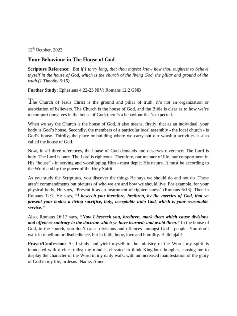 Your Behaviour in The House of God | PDF