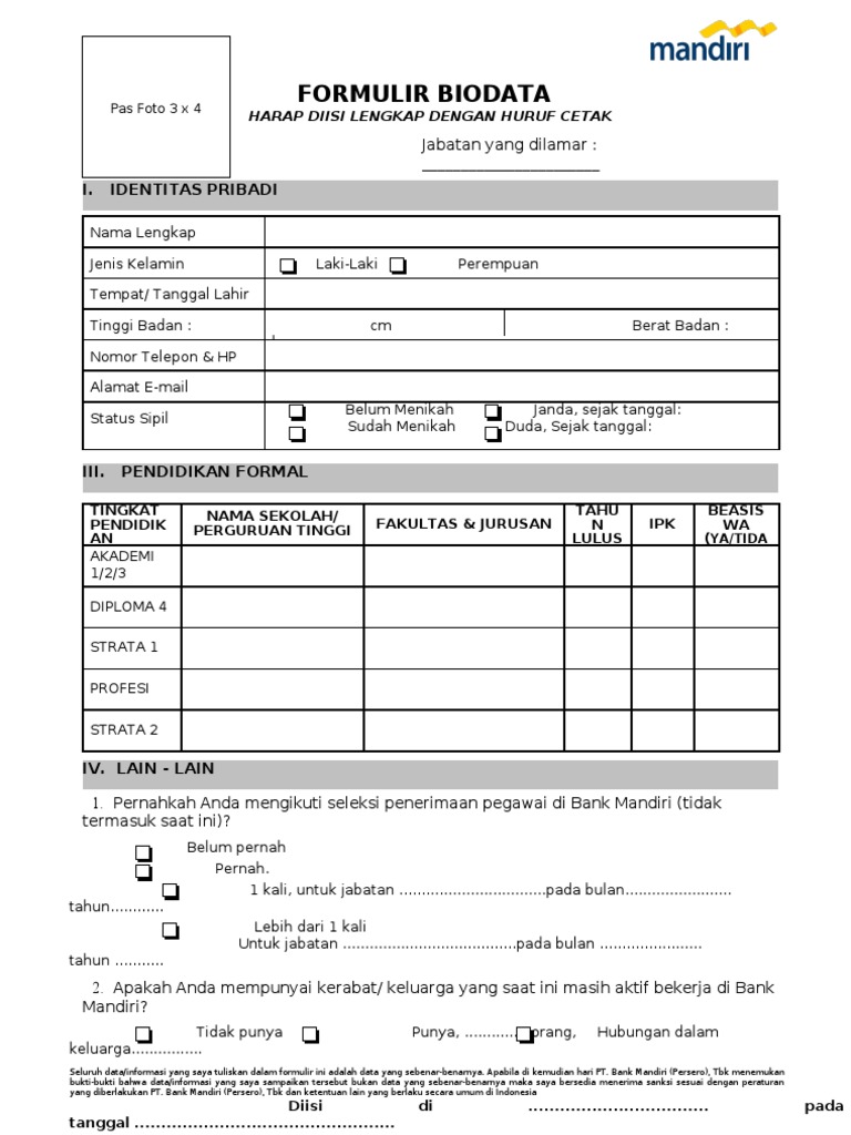 Gf3 Bank Mandiri Form Biodata | PDF | Karier & Perkembangan