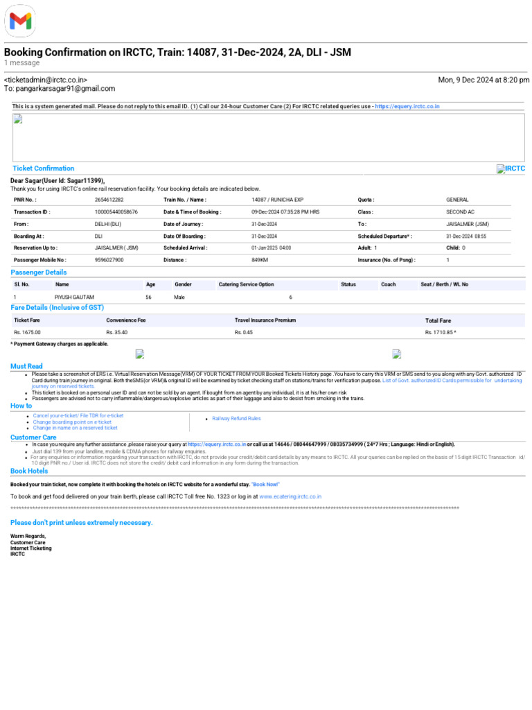 IRCTC E-Ticket Booking Confirmation | PDF | Service Industries