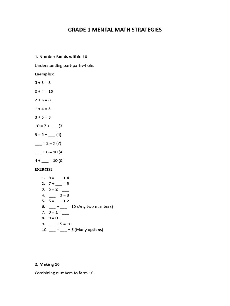 Grade 1 Mental Math Strategies 1 | PDF