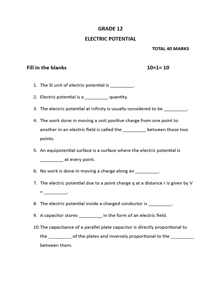 Grade 12 Electric Potential Worksheet | PDF