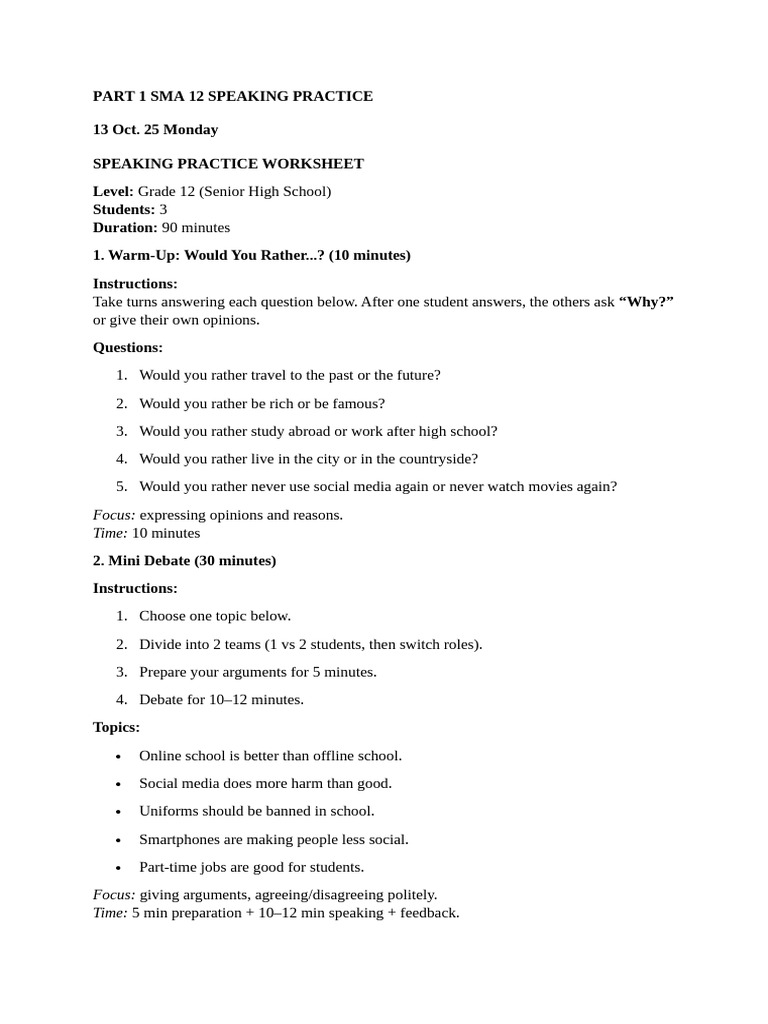 Grade 12 Speaking Practice Activities | PDF
