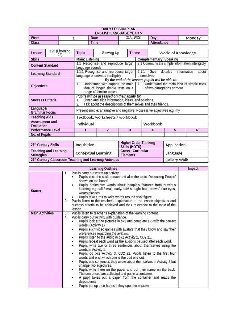 Year 5 English Lesson Plan: Growing Up | PDF | Lesson Plan | Curriculum