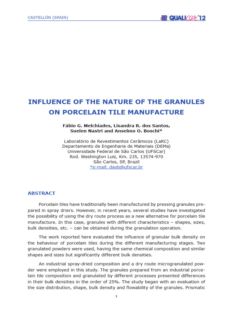 Influence of The Nature of The Granules On Porcelain Tile Manufacture ...