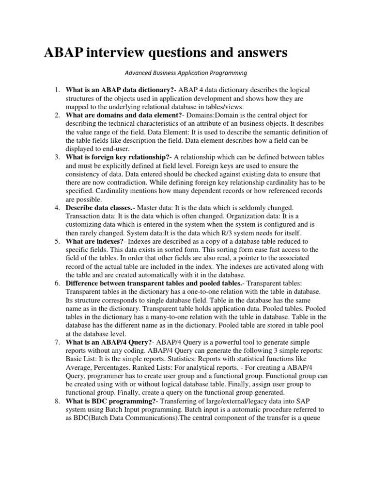 Abap Interview Questions And Answers Pdf Database Index Databases