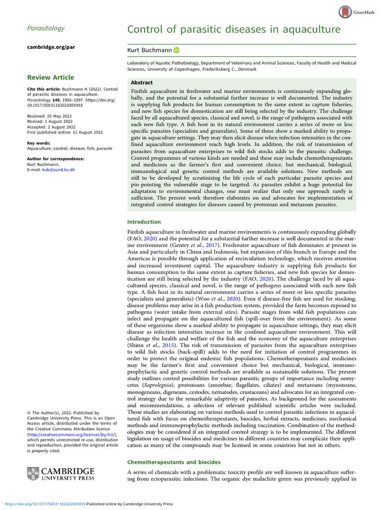 Div Class Title Control of Parasitic Diseases in Aquaculture Div | PDF ...