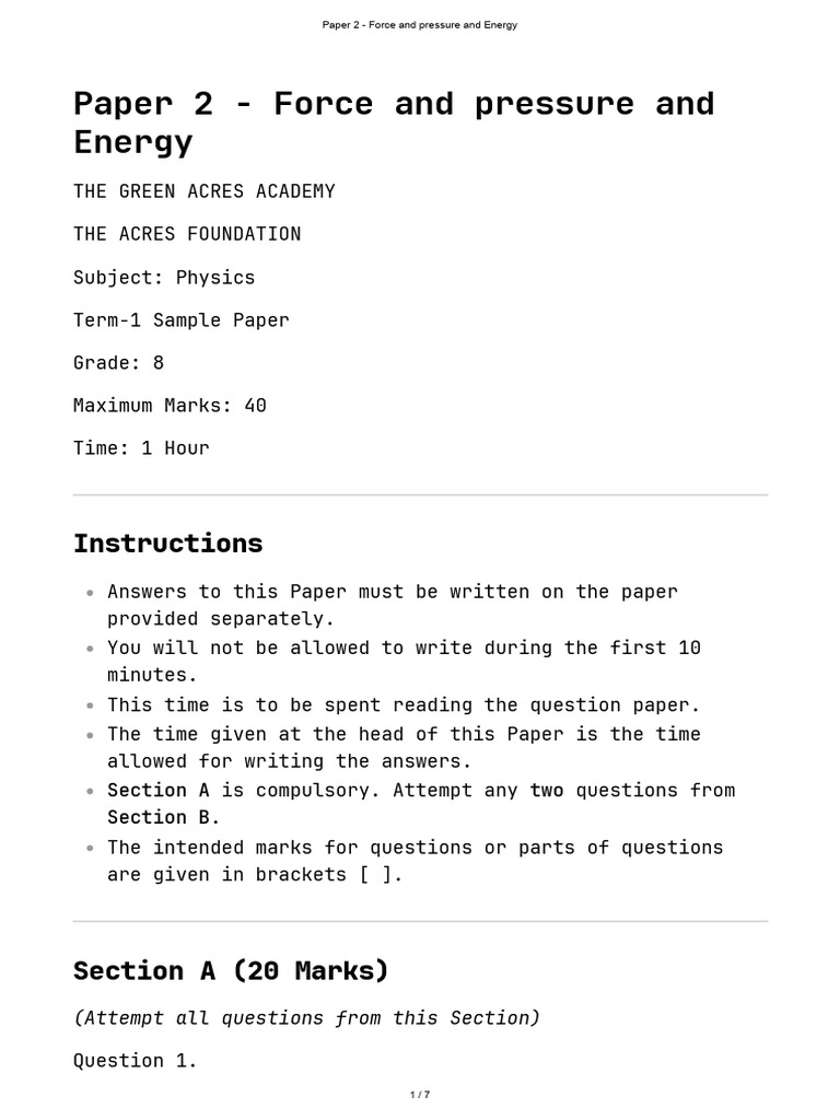 Grade 8 Physics Sample Paper: Force & Energy | PDF | Force | Pressure