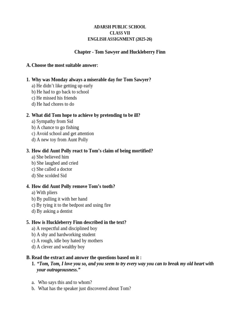 Tom Sawyer & Huck Finn Class VII Assignment | PDF