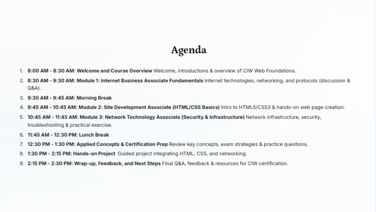 CIW Web Foundations Certification Training Agenda | PDF
