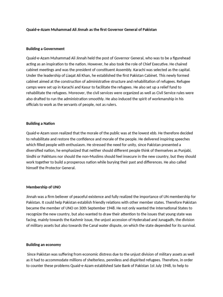 Quaid-e-Azam As The First Governor General of Pakistan | PDF | Muhammad ...