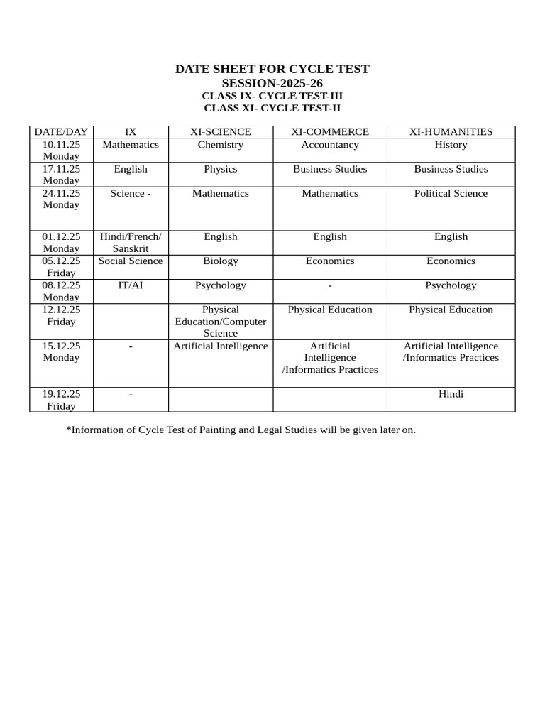 Date Sheet For Cycle Test Ix & Xi | PDF