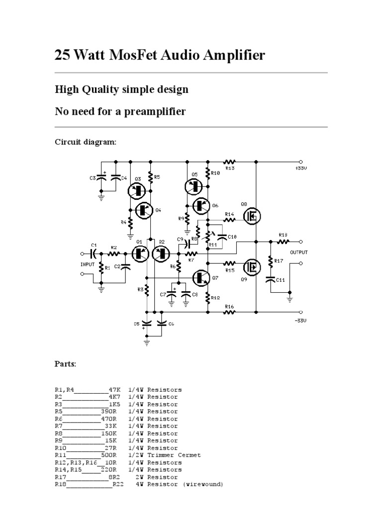 25 Watt MosFet Audio Amplifier | PDF | Resistor | Capacitor