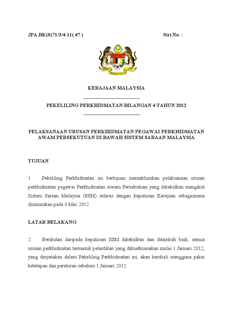Pekeliling Perkhidmatan Bil. 4/2012: Pelaksanaan Urusan Perkhidmatan ...