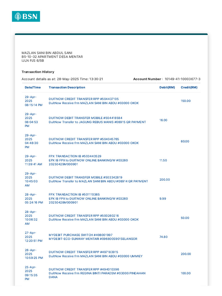 MyBSN - Transaction History - Bank Simpanan Nasional | PDF | Banking ...
