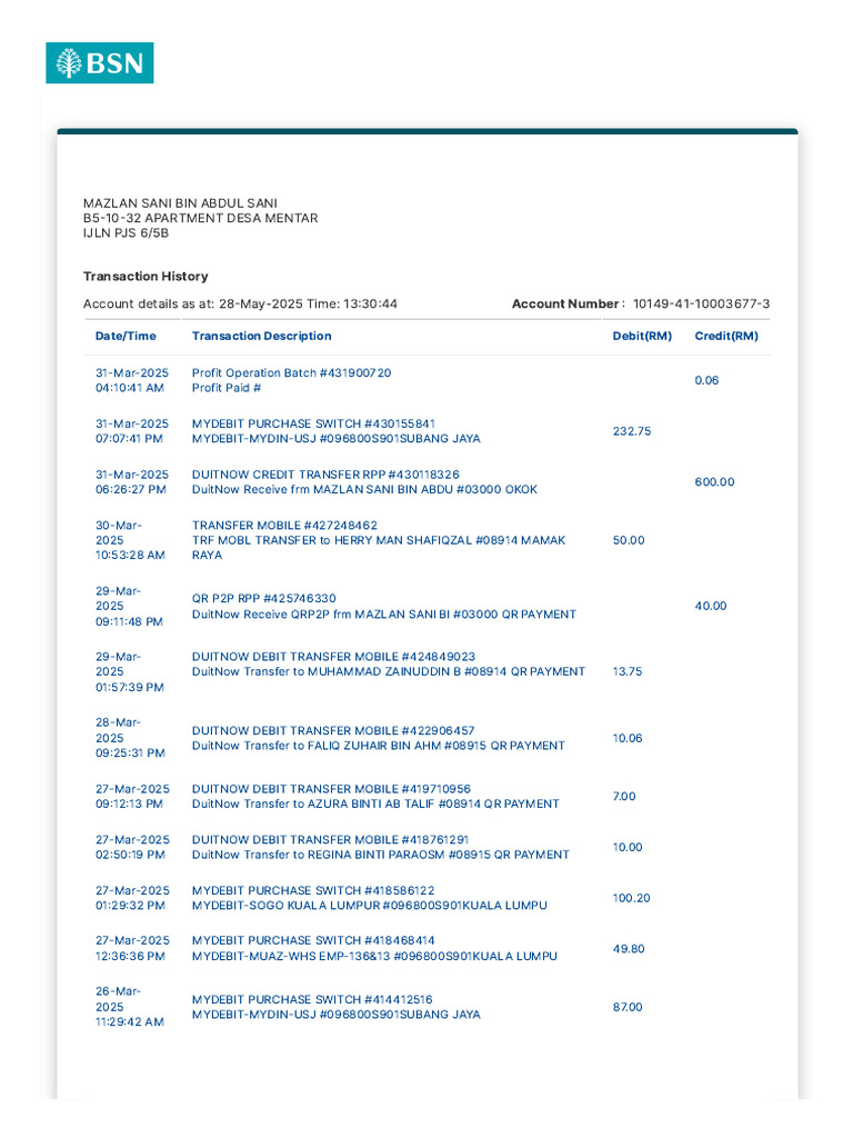 MyBSN - Transaction History - Bank Simpanan Nasional | PDF | Payments ...