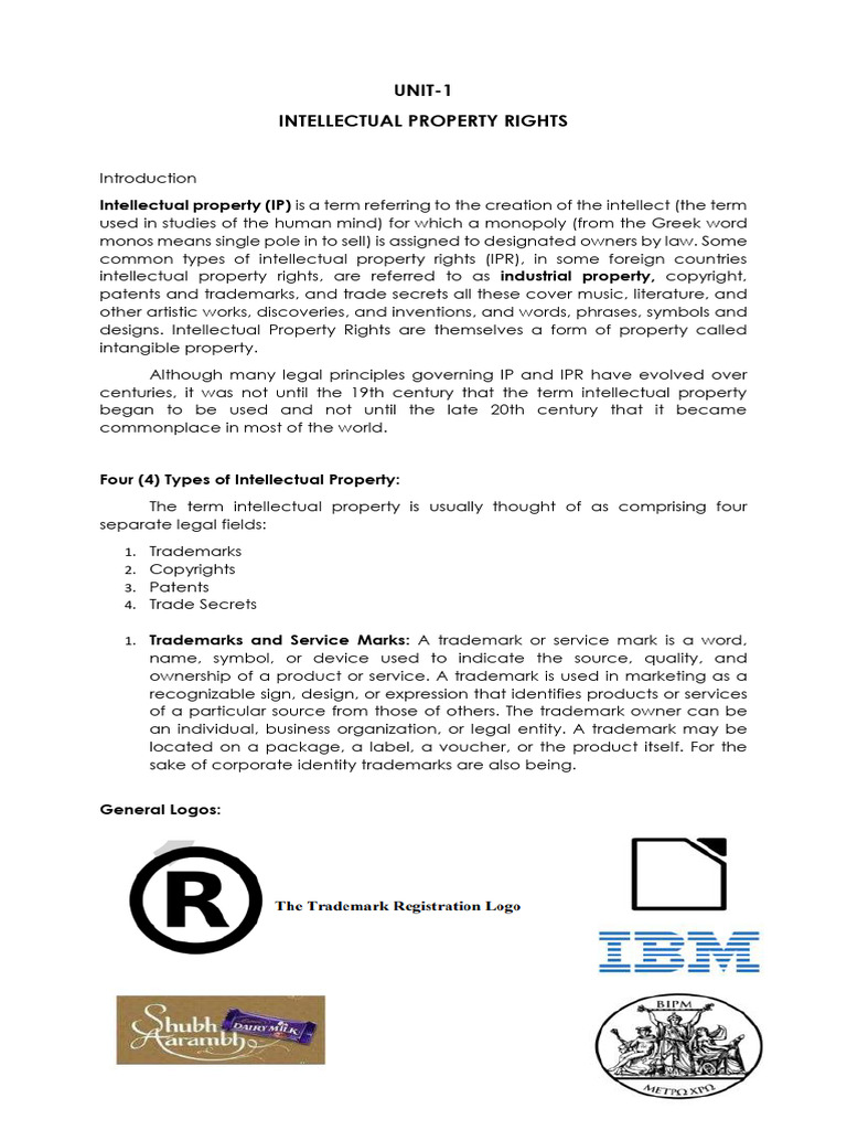 Unit 1 Intellectual Property Rights | PDF | Trade Secret | Intellectual Property