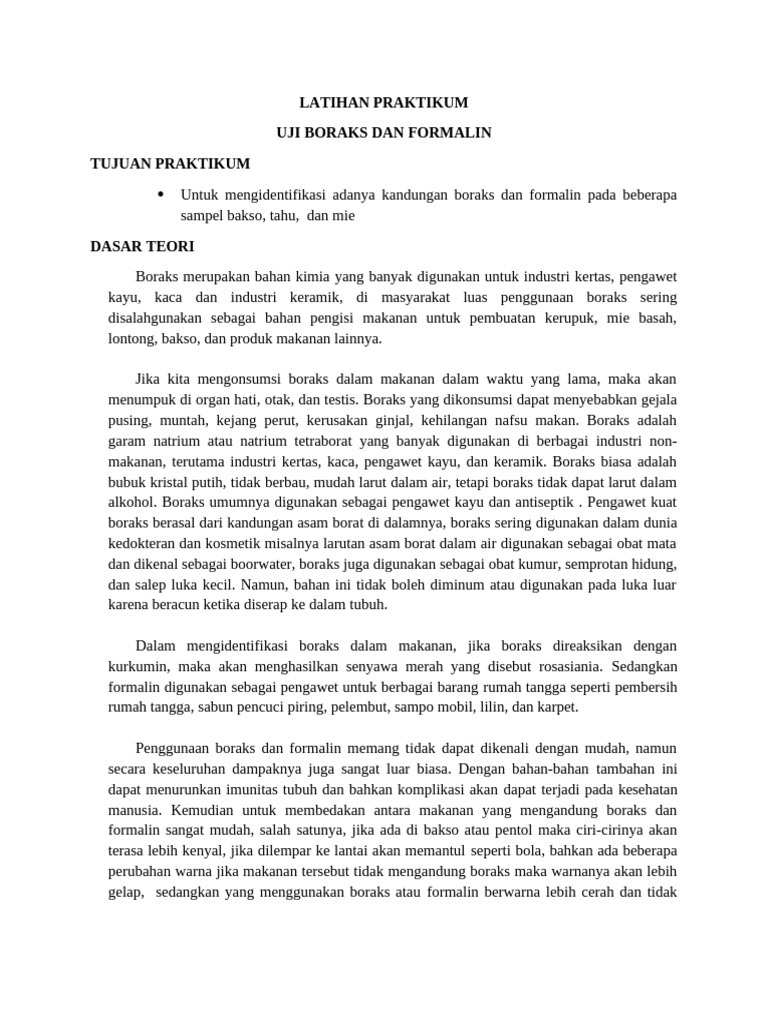 Latihan Praktikum-Uji Boraks Dan Uji Formalin | PDF