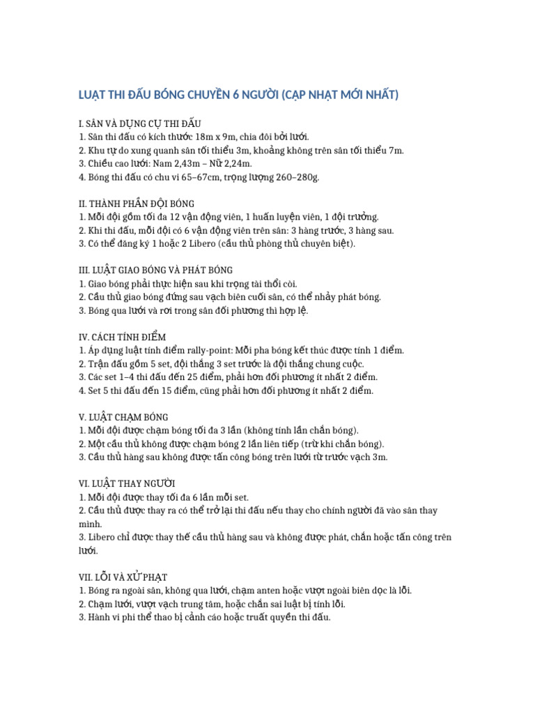 Luat Thi Dau Bong Chuyen 6 Nguoi | PDF