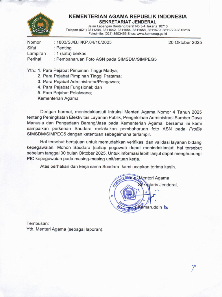 251020-Surat Pembaharuan Foto ASN Pada SIMSDM-SIMPEG5 | PDF