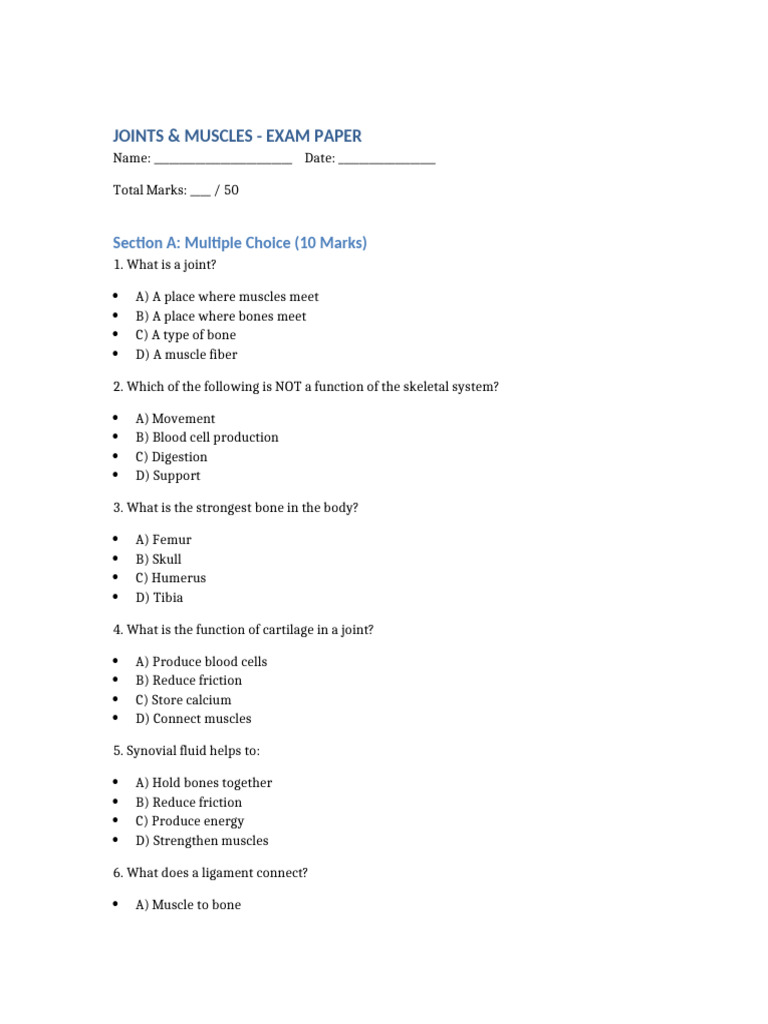Joints and Muscles Exam Paper | PDF | Bone | Arm