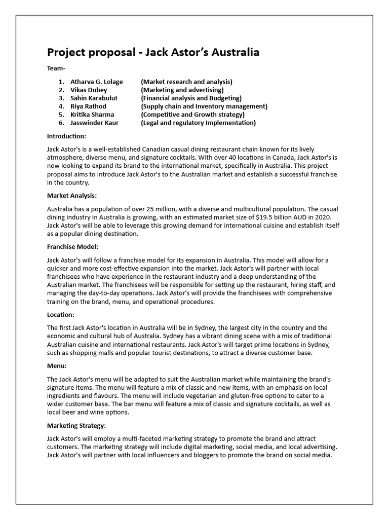 Jack Astor's Australia Expansion Proposal | PDF | Restaurants | Franchising