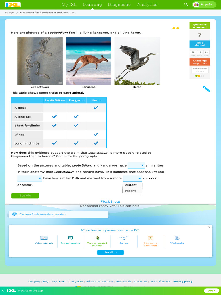 IXL - Evaluate Fossil Evidence of Evolution (Biology Practice) | PDF | Biological Evolution ...