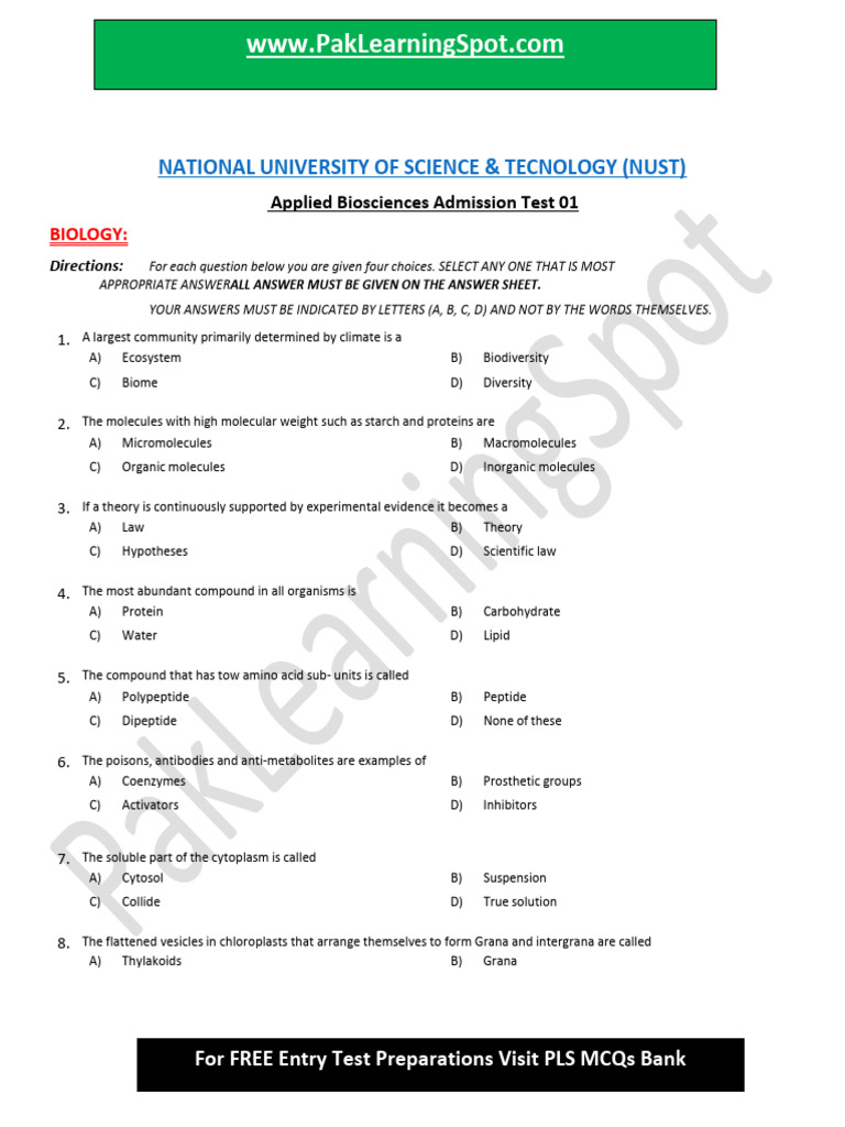 Nust Applied Biosciences Paper 01 PakLearningSpot | PDF | Solvation | Chemical Reactions