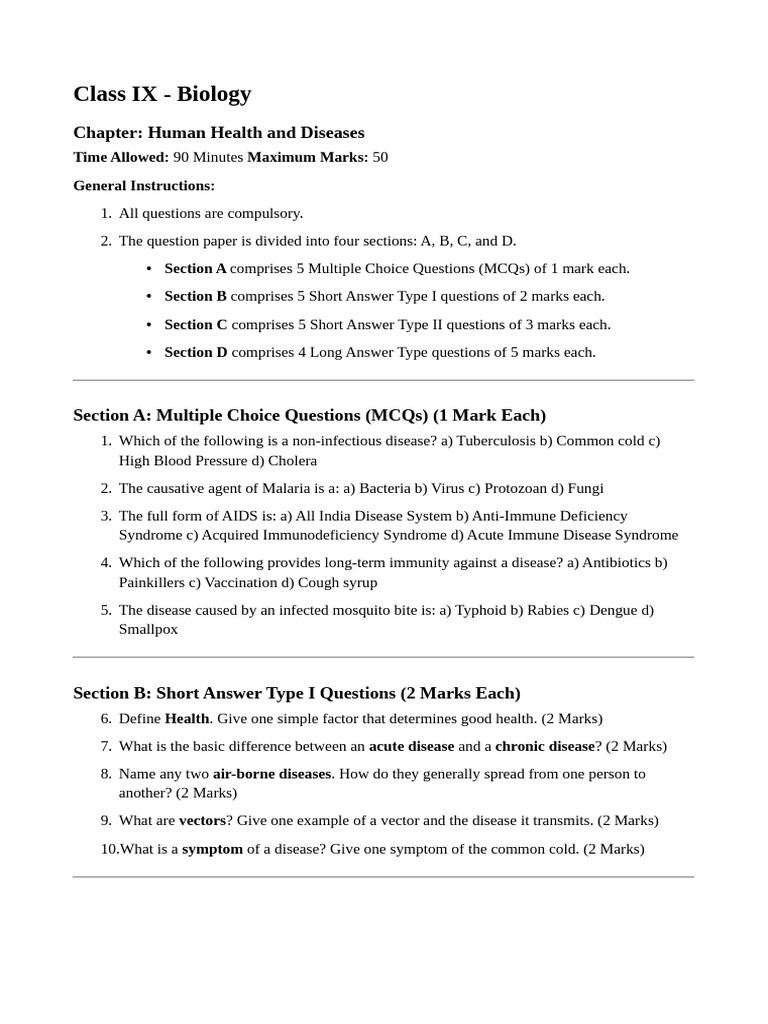 Class IX Biology: Human Health Exam Guide | PDF | Infection | Common Cold