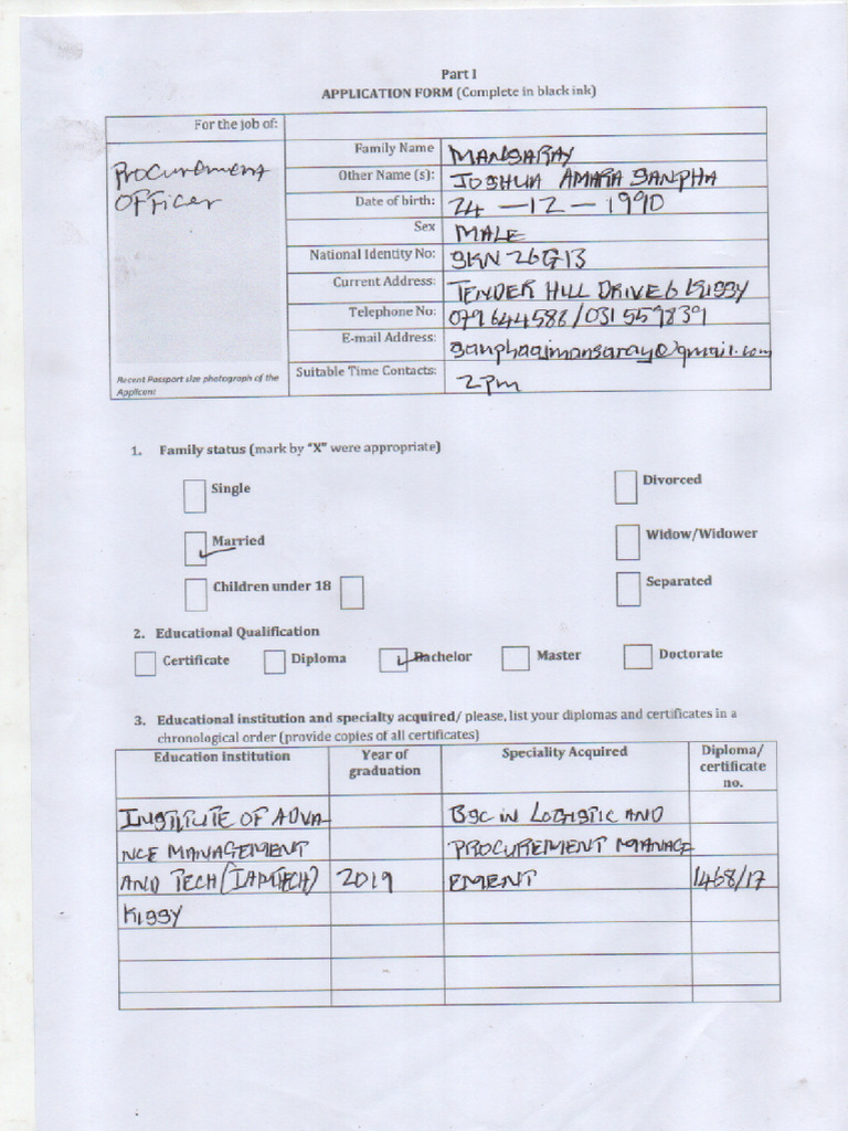 Application For The Position of Procurement Officer and Store Inventory ...